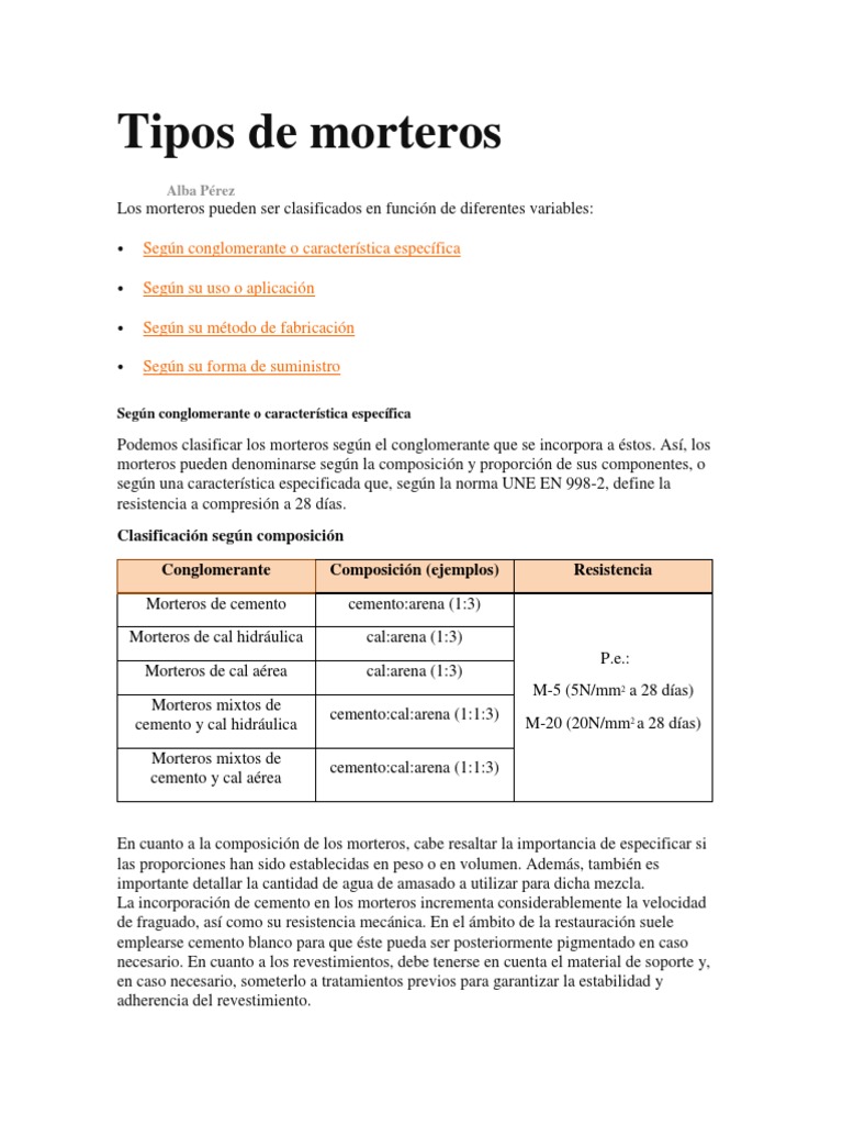 Tipos de Morteros | PDF | Cemento | Mortero (Albañilería)