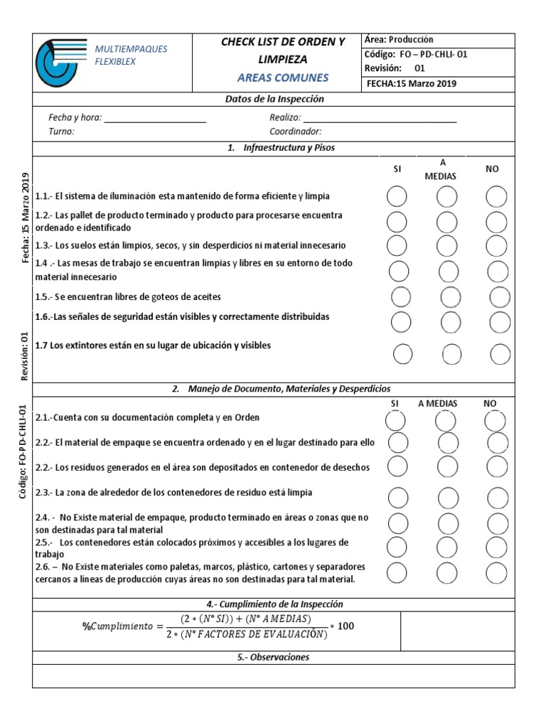 Check List de Orden y Limpieza de Áreas Comunes en Producción de Multi ...