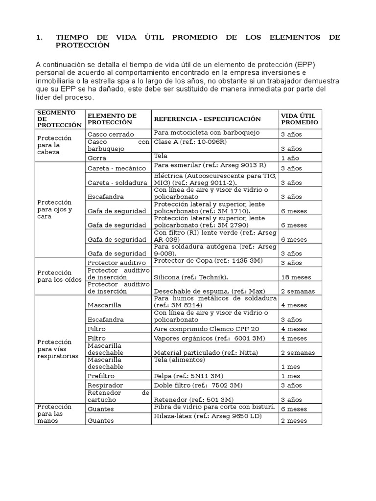 Vida útil De Epp En Inversiones E Inmobiliaria La Estrella Spa Pdf