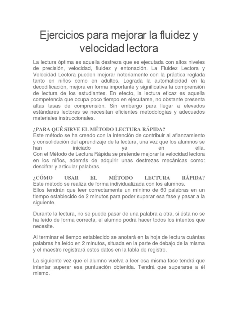 Ejercicios para Mejorar La Fluidez y Velocidad Lectora | PDF ...