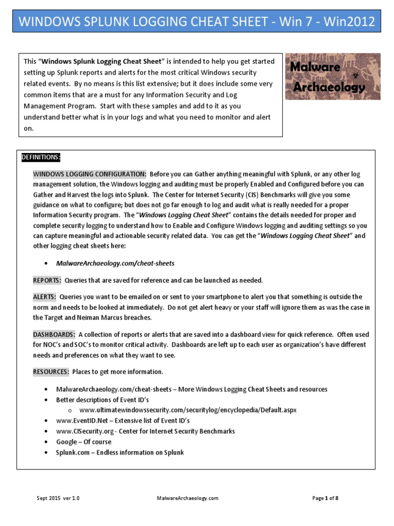 Windows+Splunk+Logging+Cheat+Sheet+v1 0 PDF | PDF | Windows Registry ...