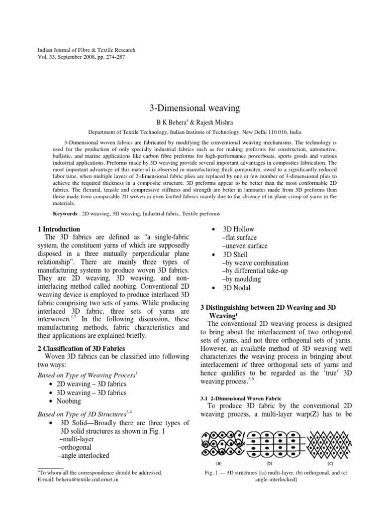 3-Dimensional Weaving: B K Behera & Rajesh Mishra | PDF | Weaving ...