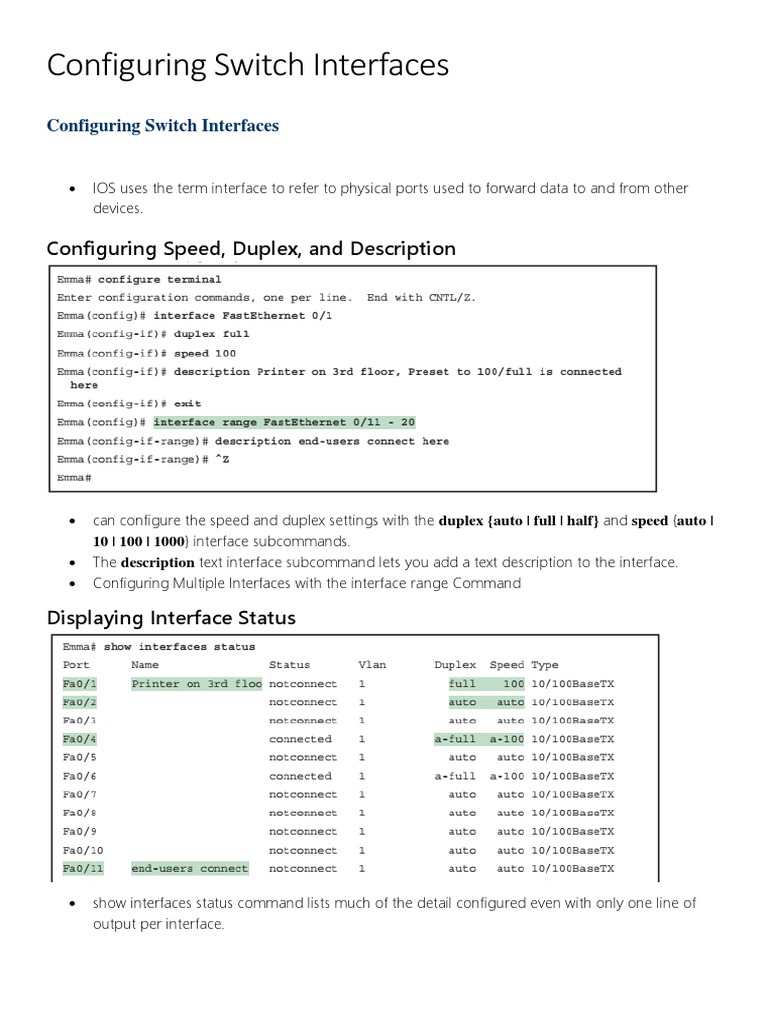 CCNA Configuring Switch Interfaces | PDF | Network Switch | Network ...