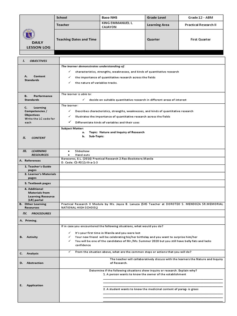 Daily Lesson Log: School Baco NHS Grade Level Teacher Learning Area | PDF | Education Theory ...