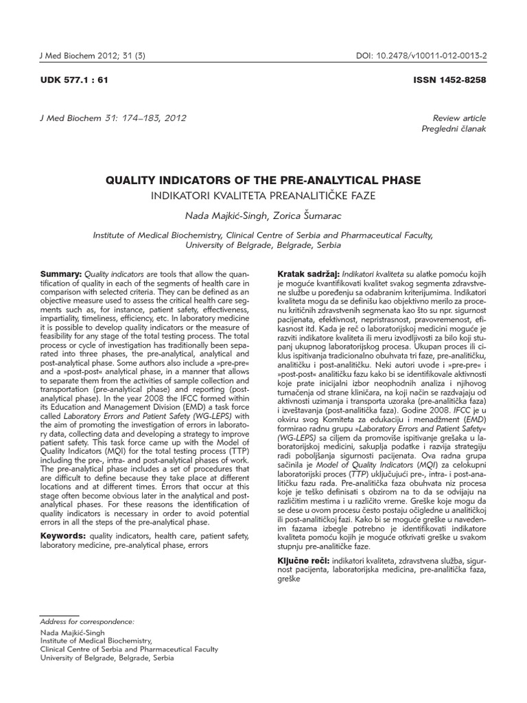 Quality Indicators of The Pre-Analytical Phase: Indikatori Kvaliteta ...