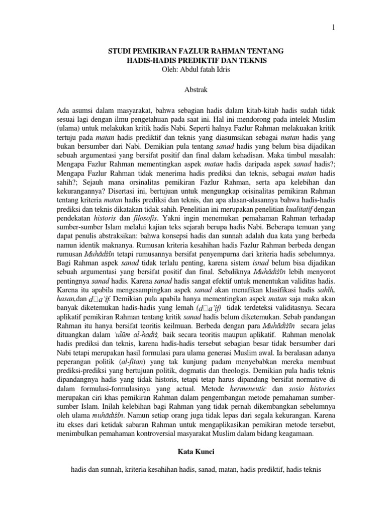 Studi Pemikiran Fazlur Rahman Tentang Hadis Prediktif Dan Teknis | PDF | Ilmu Sosial