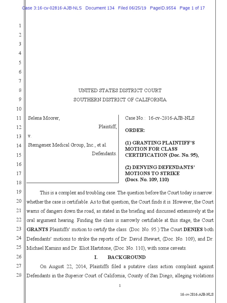 StemGenex Lawsuit Document 134 Judge's Order Granting Plaintiff's ...