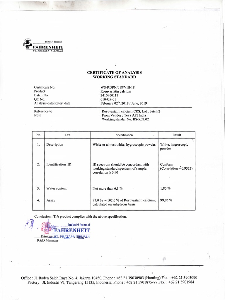 COA WS Rosuvastatin Calcium | PDF | Chemistry | Nature