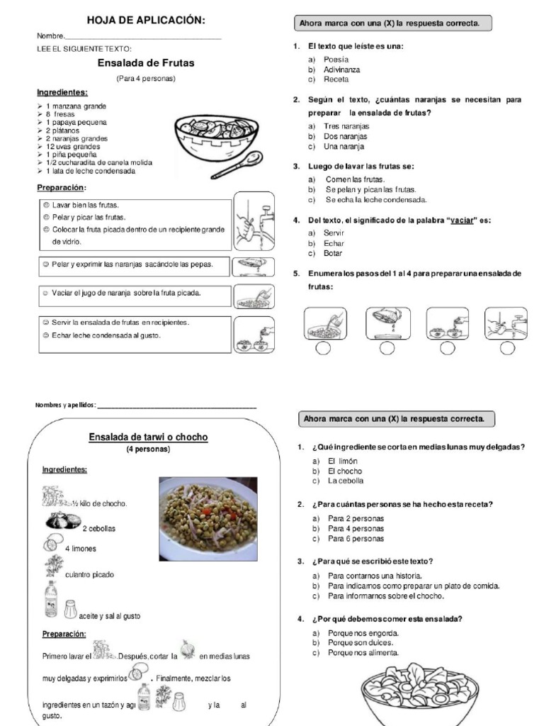 Comprension Lectora de Recetas | PDF