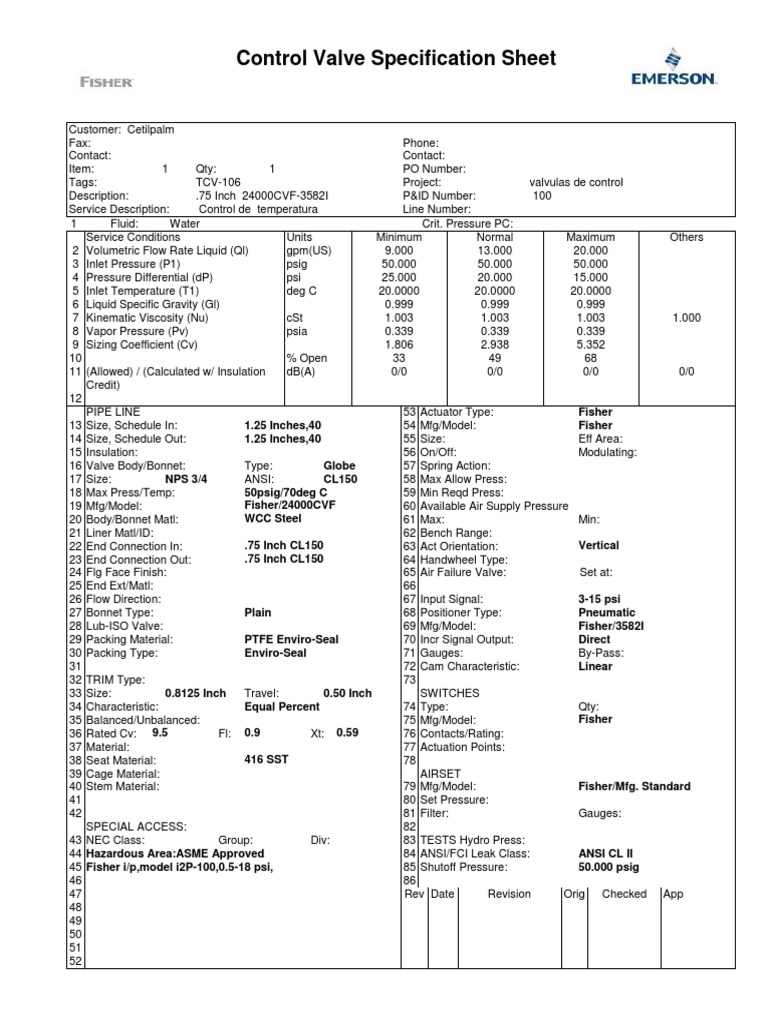 Control Valve Specification Sheet | PDF | Valve | Pressure
