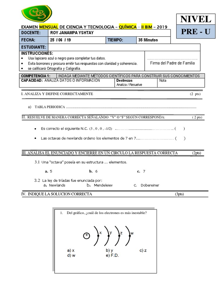 Pre Ex Junio | PDF | Química cuántica | Configuración electronica