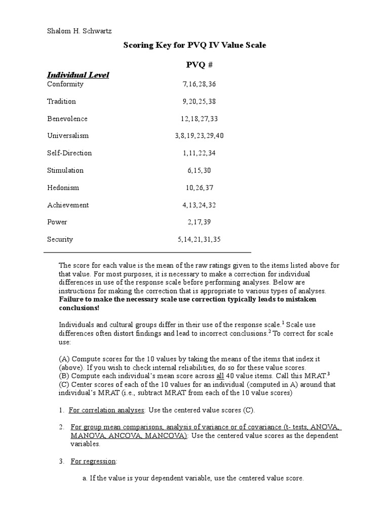 PVQ IV Value Scale Scoring Guide | PDF | Factor Analysis | Correlation ...