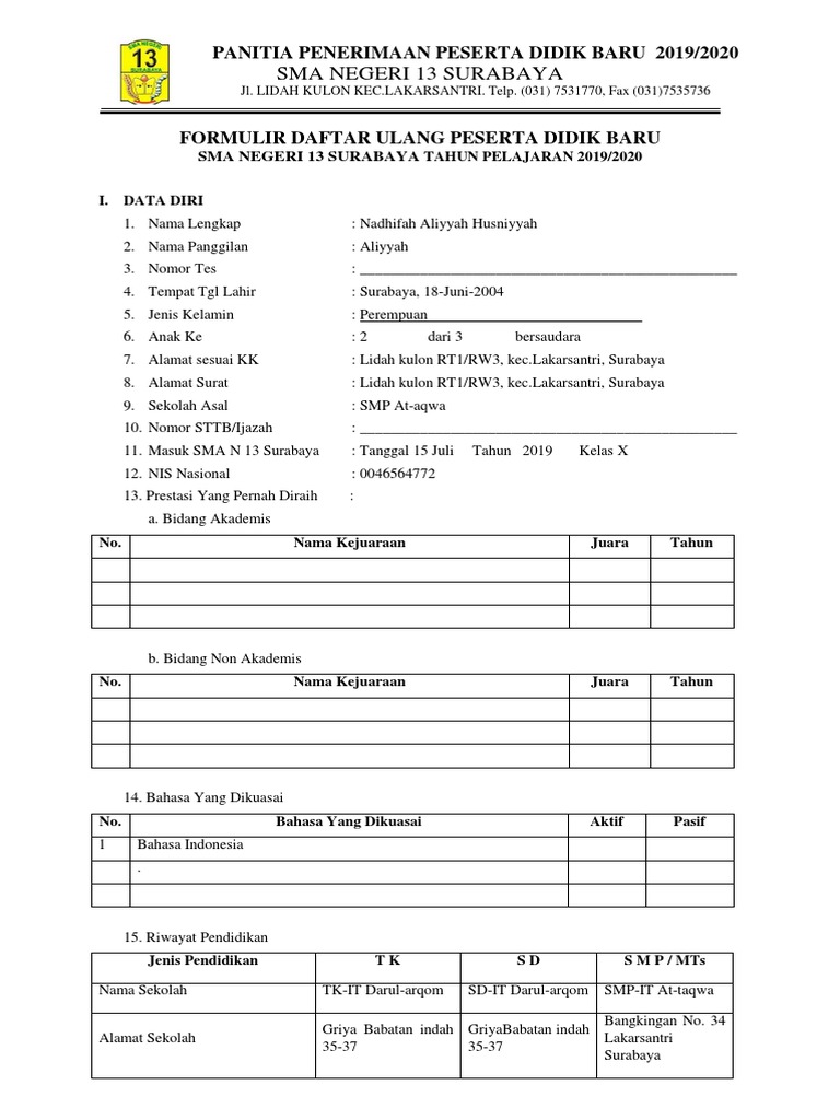 Formulir Daftar Ulang Siswa Baru 2019 | PDF