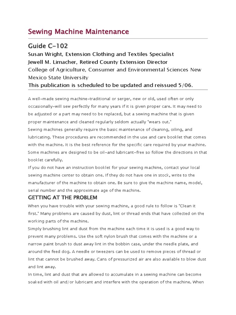 Sewing Machine Maintenance: Guide C-102 | PDF | Sewing Machine ...