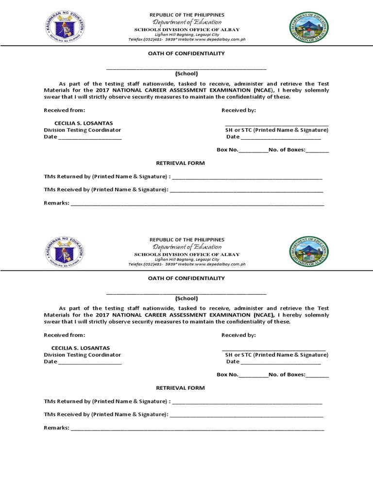 Oath of Confidentiality for NCAE 2017 | PDF