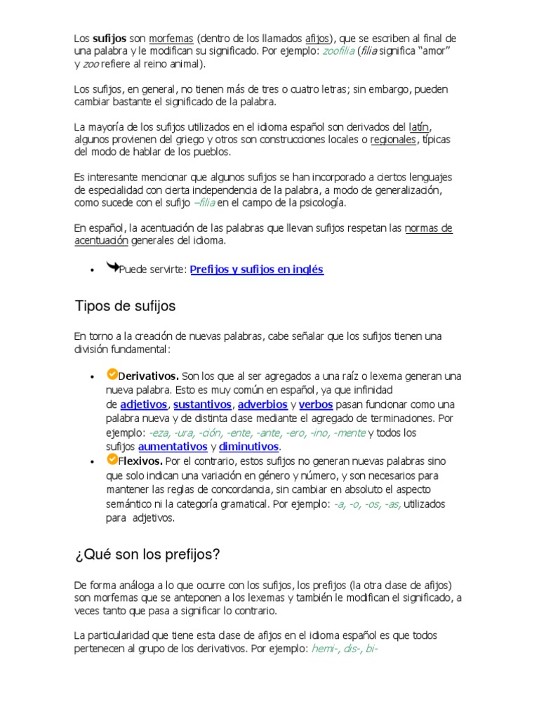 Sufijos en español: Tipos y ejemplos | PDF | Palabra | Morfología ...