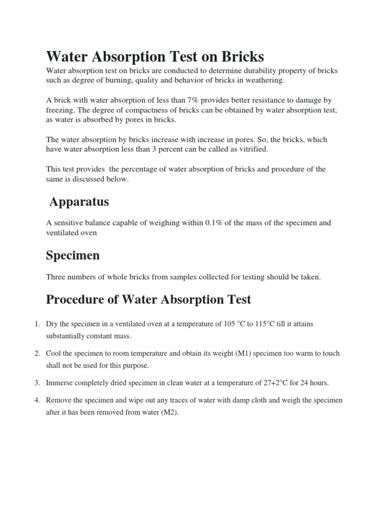 Water Absorption Test On Bricks: Apparatus | PDF