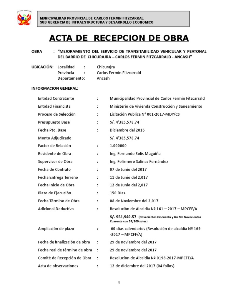 Acta de Recepcion de Obra Final | PDF