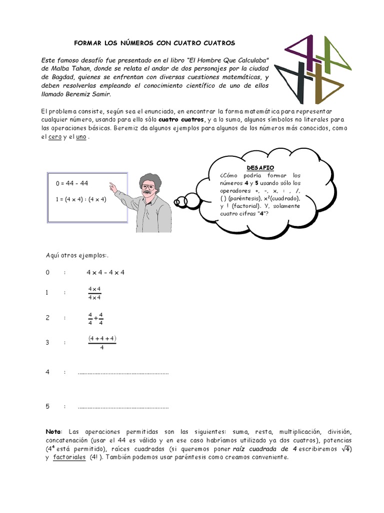 Desafío Matemático: Cuatro Cuatros | PDF | Raíz cuadrada | Multiplicación
