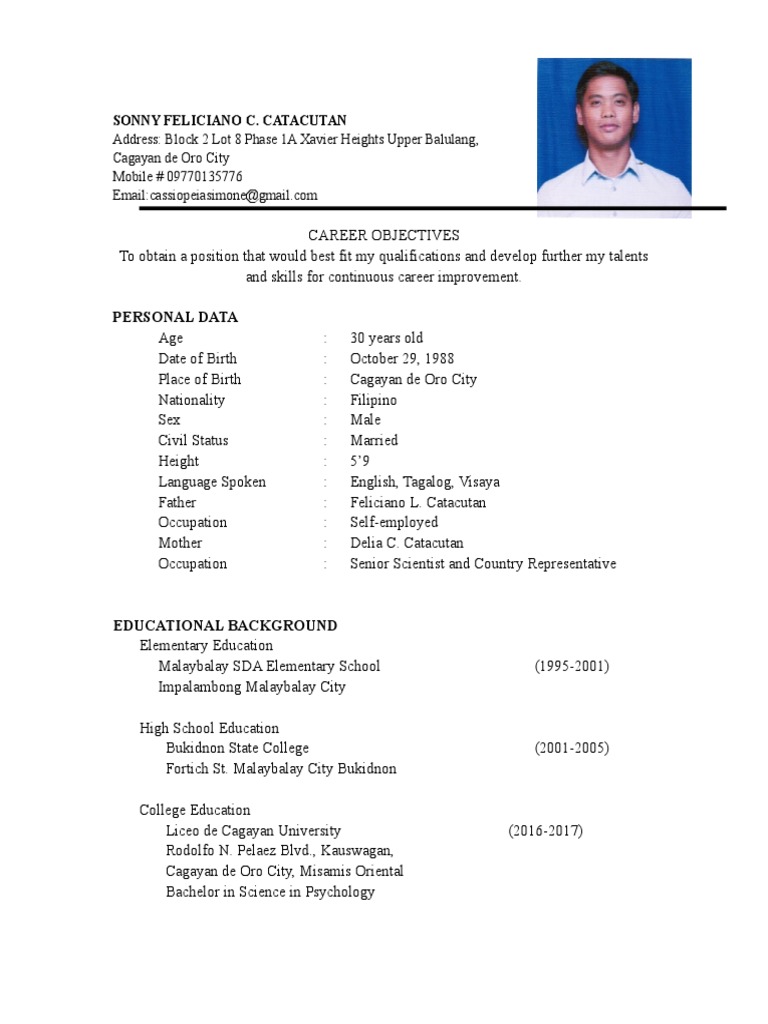 Personal Data: Address: Block 2 Lot 8 Phase 1A Xavier Heights Upper ...