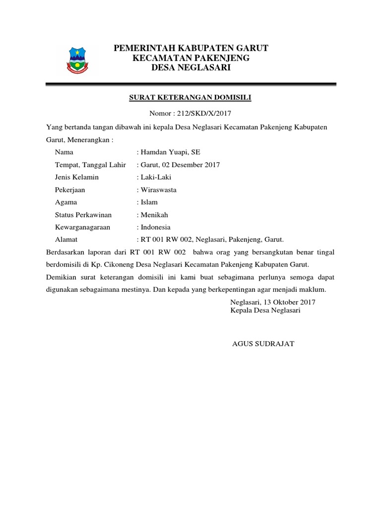 Contoh Surat Keterangan Domisili | PDF