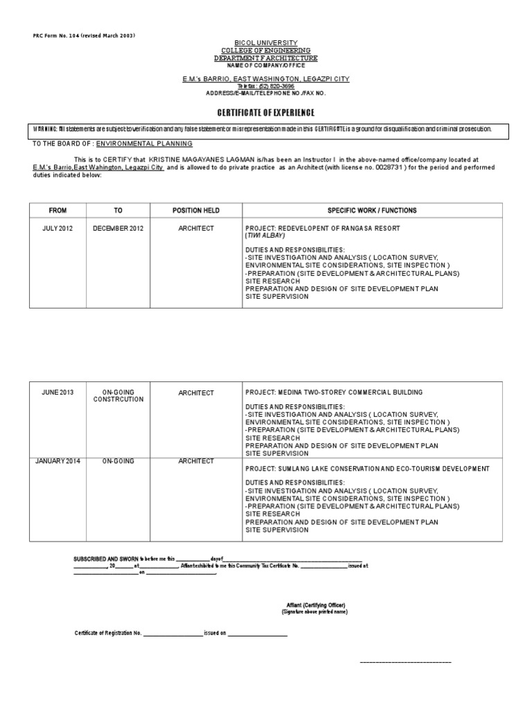 PRC Form No. 104 certificate experience architect | PDF | Architect ...