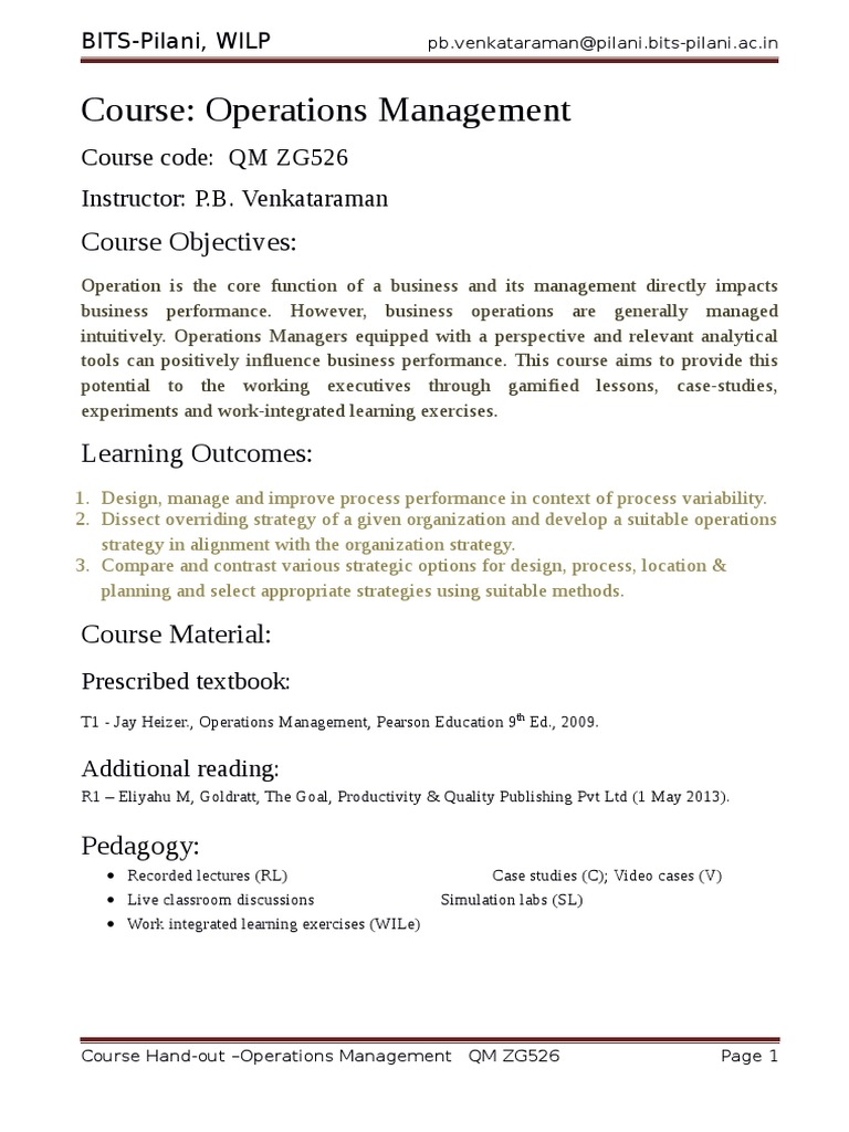 Course: Operations Management | PDF | Pedagogy | Operations Management