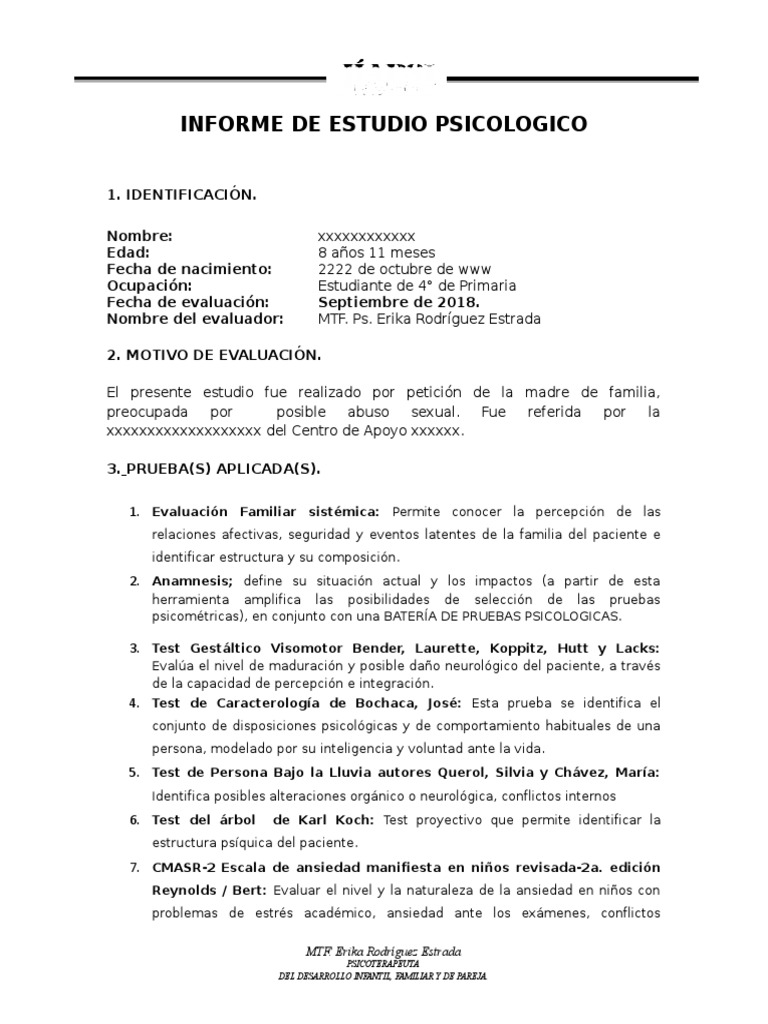 Informe de Estudio Psicologico Ejemplo | PDF | Ansiedad | Trastorno de ansiedad