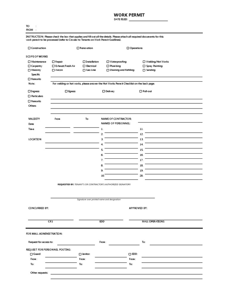 Work Permit: Requested By: Tenant'S or Contractor'S Authorized ...