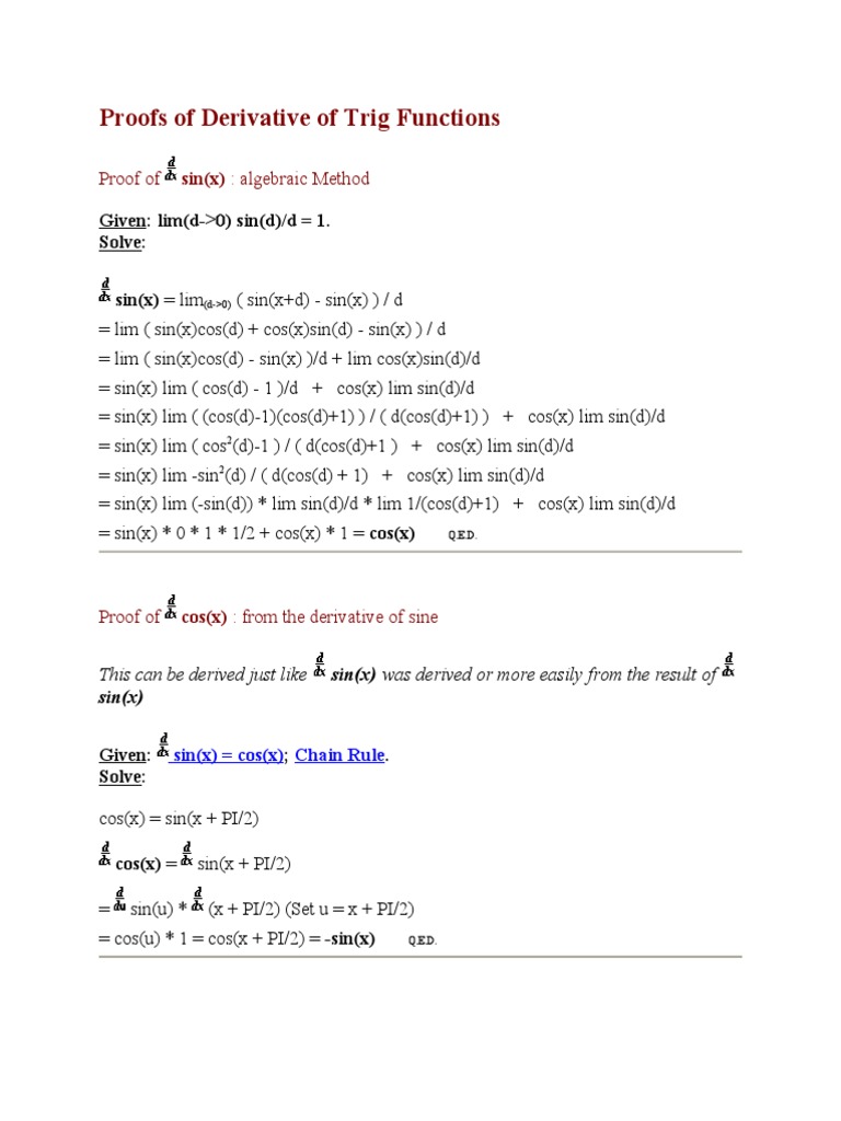 Proofs of Derivative of Trig Functions | PDF | Trigonometric Functions ...