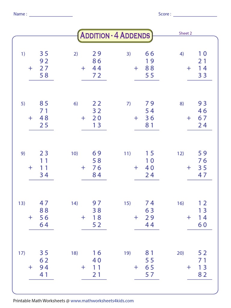 Addition - 4 Addends: Score: Name | PDF | Sports | Chess
