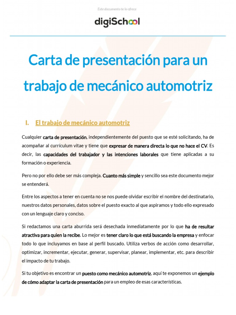Carta de presentación para un trabajo de mecánico automotriz | Negocios