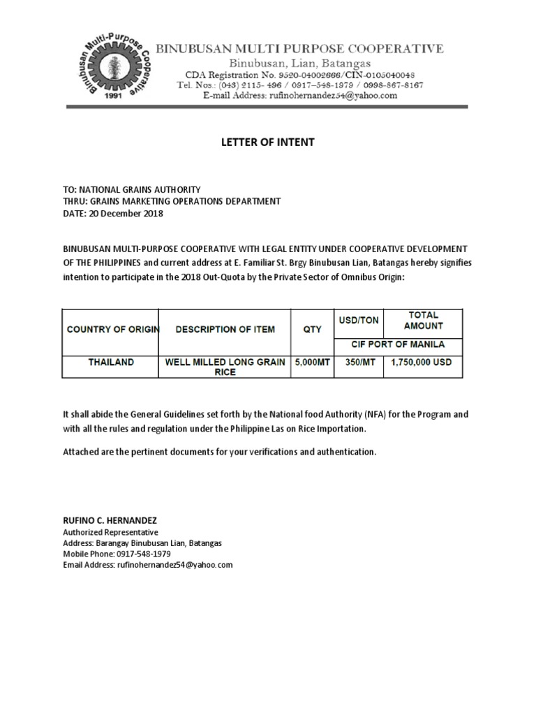 Letter of Intent-Nfa Dec2018 | PDF