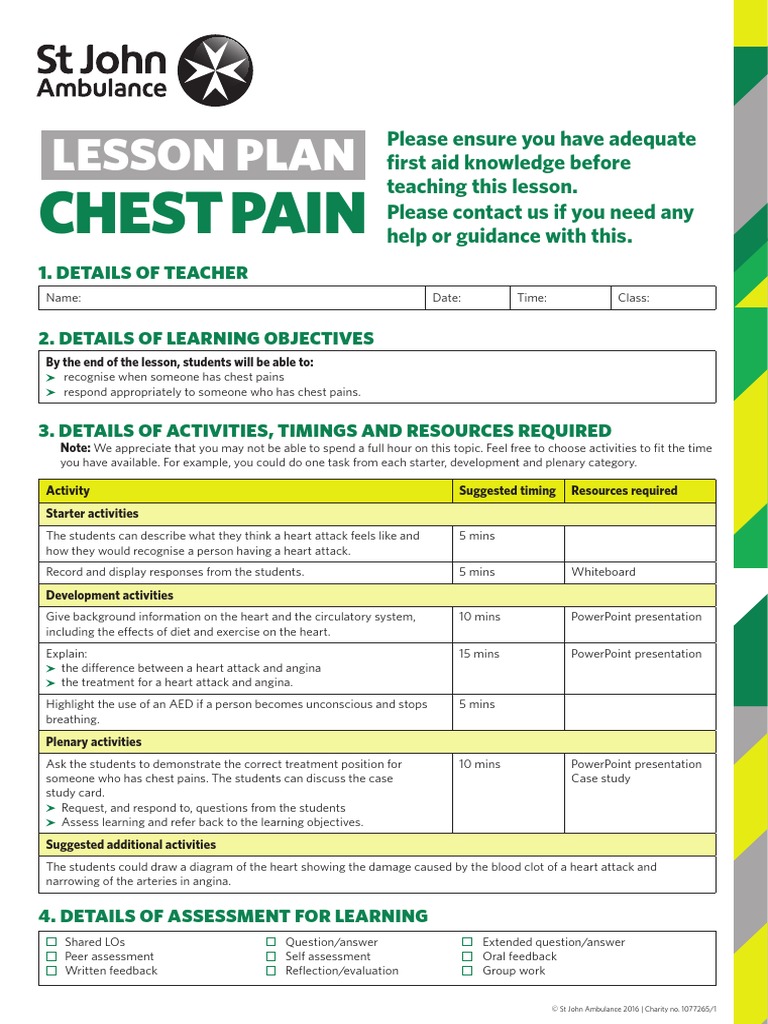 SJA First Aid Club Lesson Plan Chest Pain Resource 1 | Download Free ...