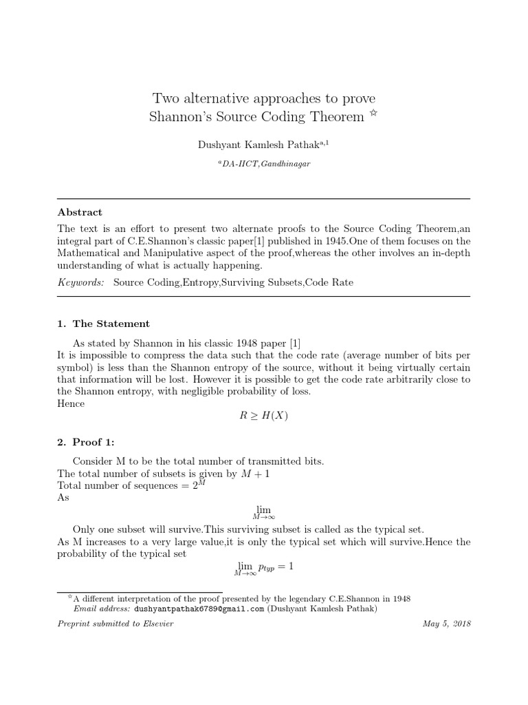 Proof To Shannon's Source Coding Theorem | PDF | Bit | Applied Mathematics