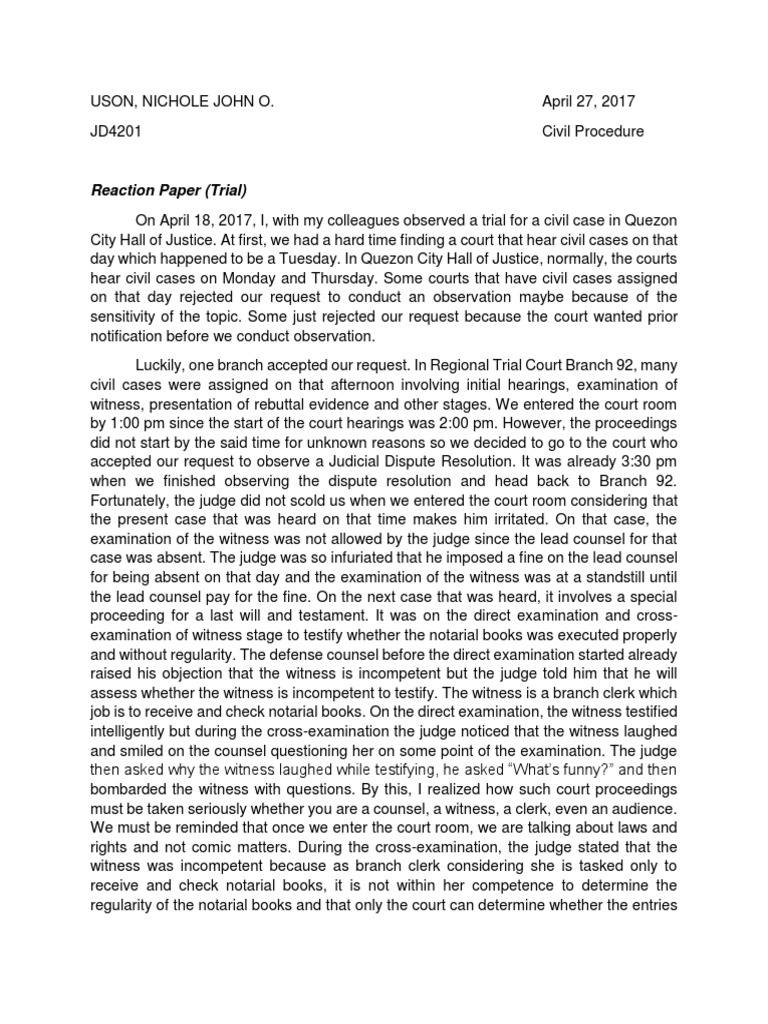Reaction Paper (Trial) | PDF | Witness | Law Clerk