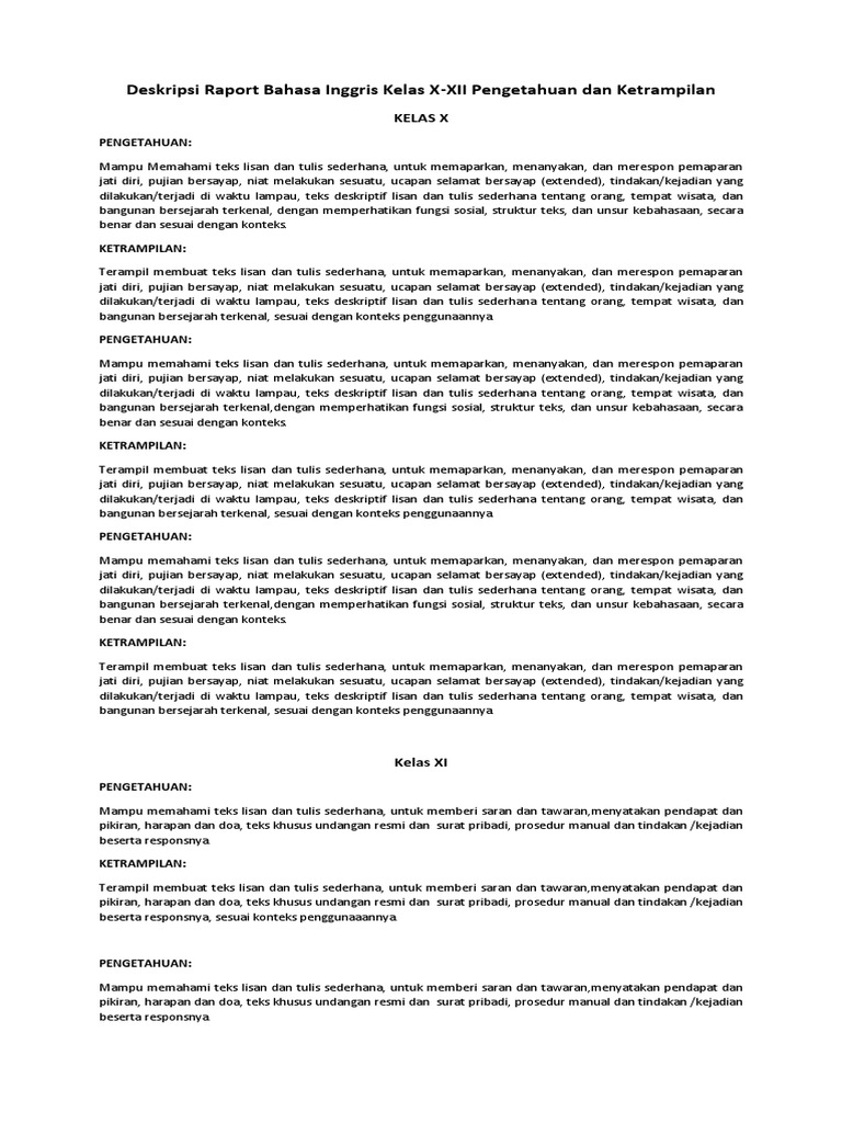 Deskripsi Raport Bahasa Inggris Kelas X-XII | PDF