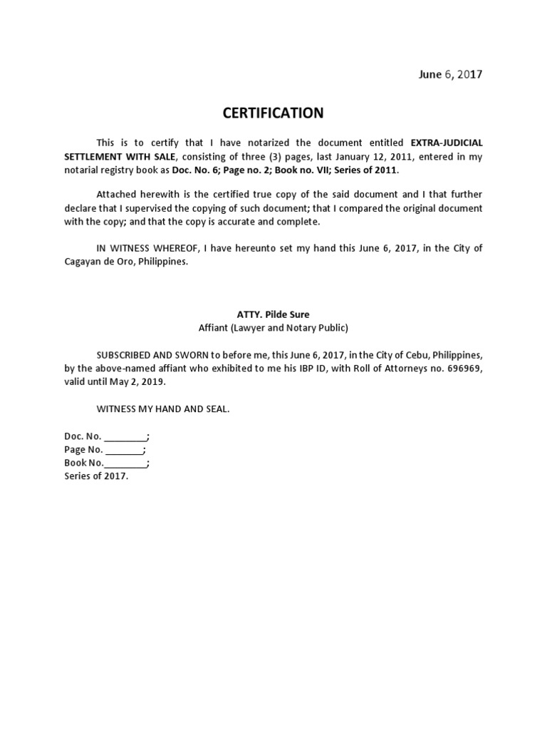Certification: SETTLEMENT WITH SALE, Consisting of Three (3) Pages ...