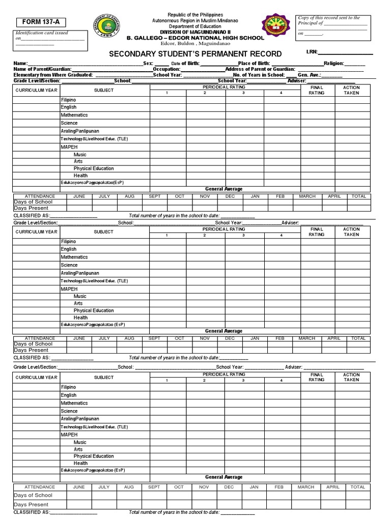 Form 137 Blank | PDF | Philippines | Physical Education