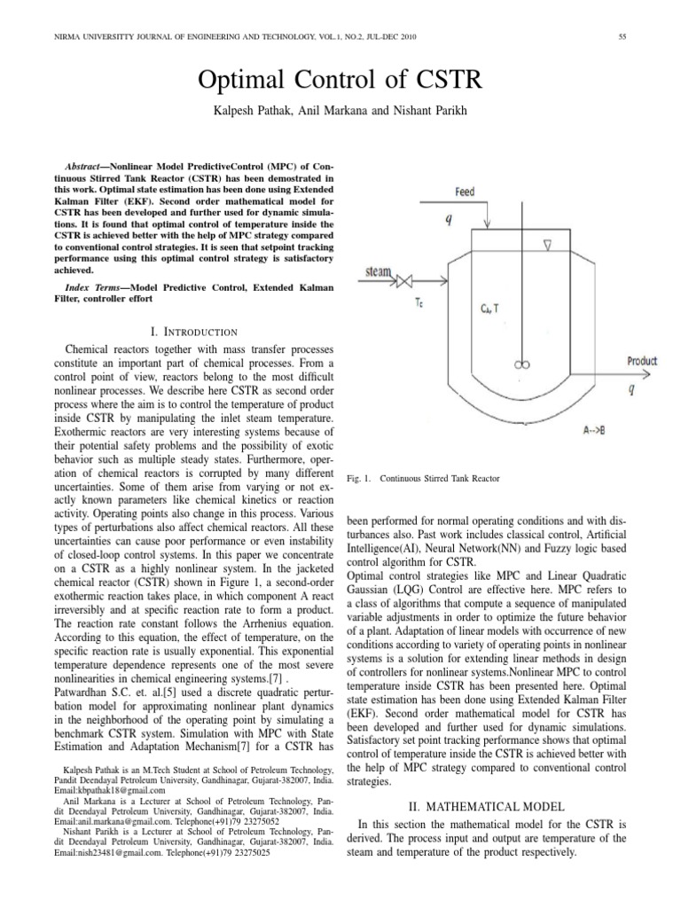 Optimal Control of CSTR: Kalpesh Pathak, Anil Markana and Nishant ...