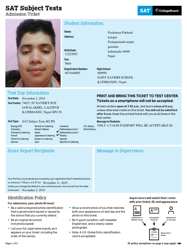 Admission Ticket | PDF | Identity Document | Sat