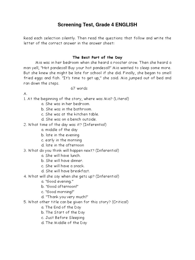 Screening Test, Grade 4 ENGLISH: The Best Part of The Day | PDF | Coral ...