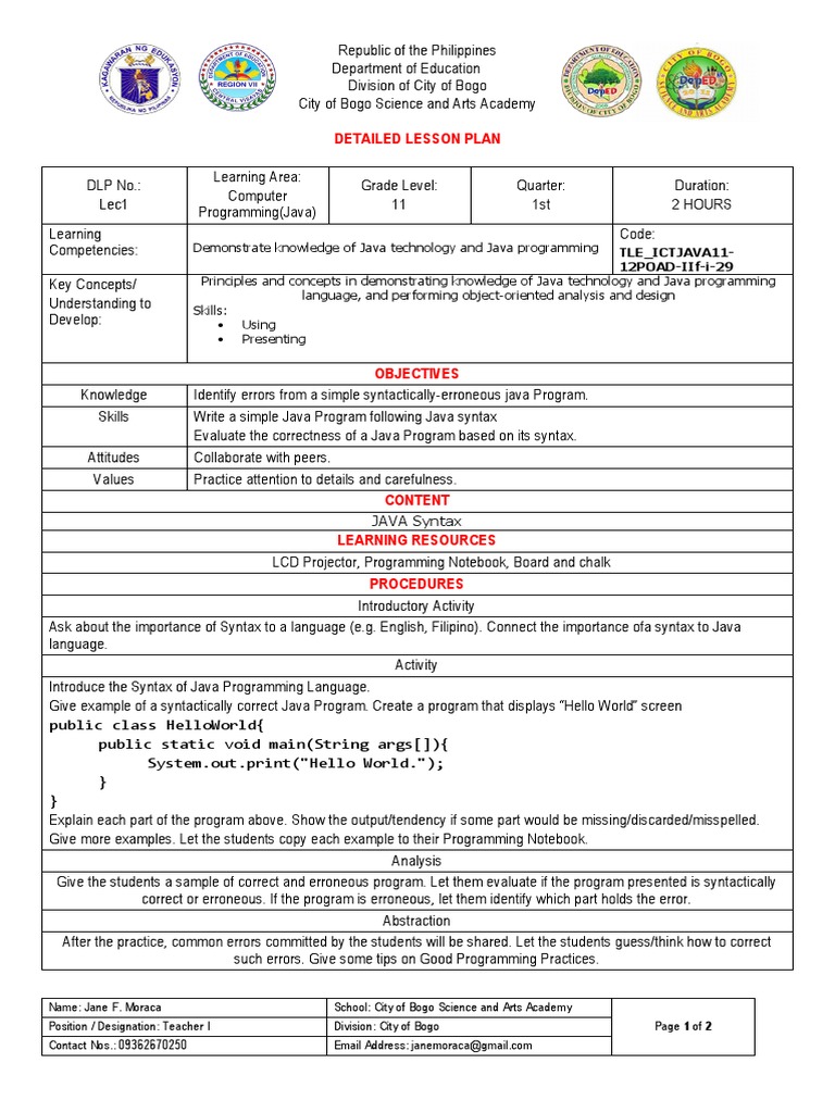 Java Programming Lesson Plan for Grade 11 | PDF | Programming Language ...