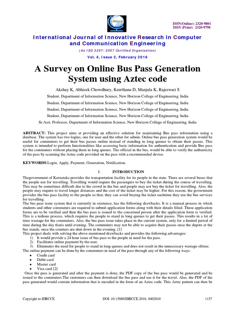 A Survey On Online Bus Pass Generation System Using Aztec Code | PDF | International Standard ...