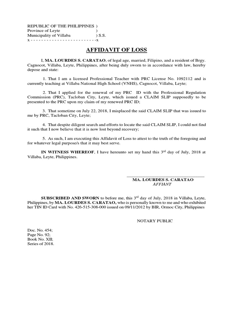 Affidavit of Loss: Ma. Lourdes S. Caratao's Lost PRC Claim Slip for ...