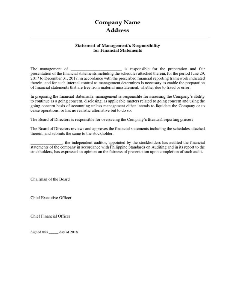 Company Name Address: Statement of Management's Responsibility For ...