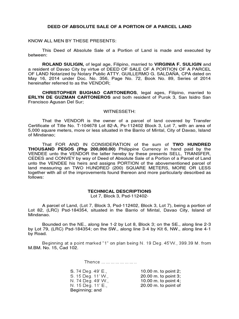 Deed of Absolute Sale of A Portion of A Parcel Land | Download Free PDF | Affidavit | Notary Public