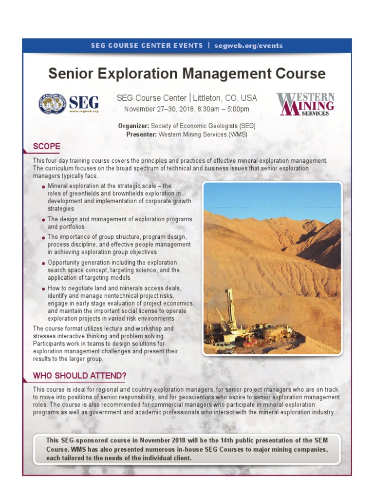 Senior Exploration Management Course: SEG Course Center Littleton, CO, USA | PDF | Design | Mining