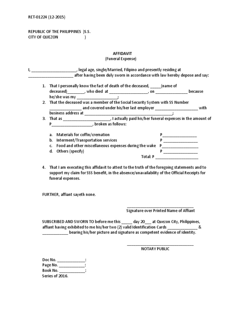 Affidavit for Funeral Expense Claim | PDF | Affidavit | Document
