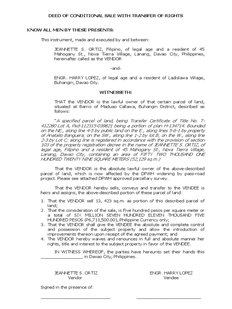 Deed of Conditional Sale With Transfer of Rights | PDF | Property ...